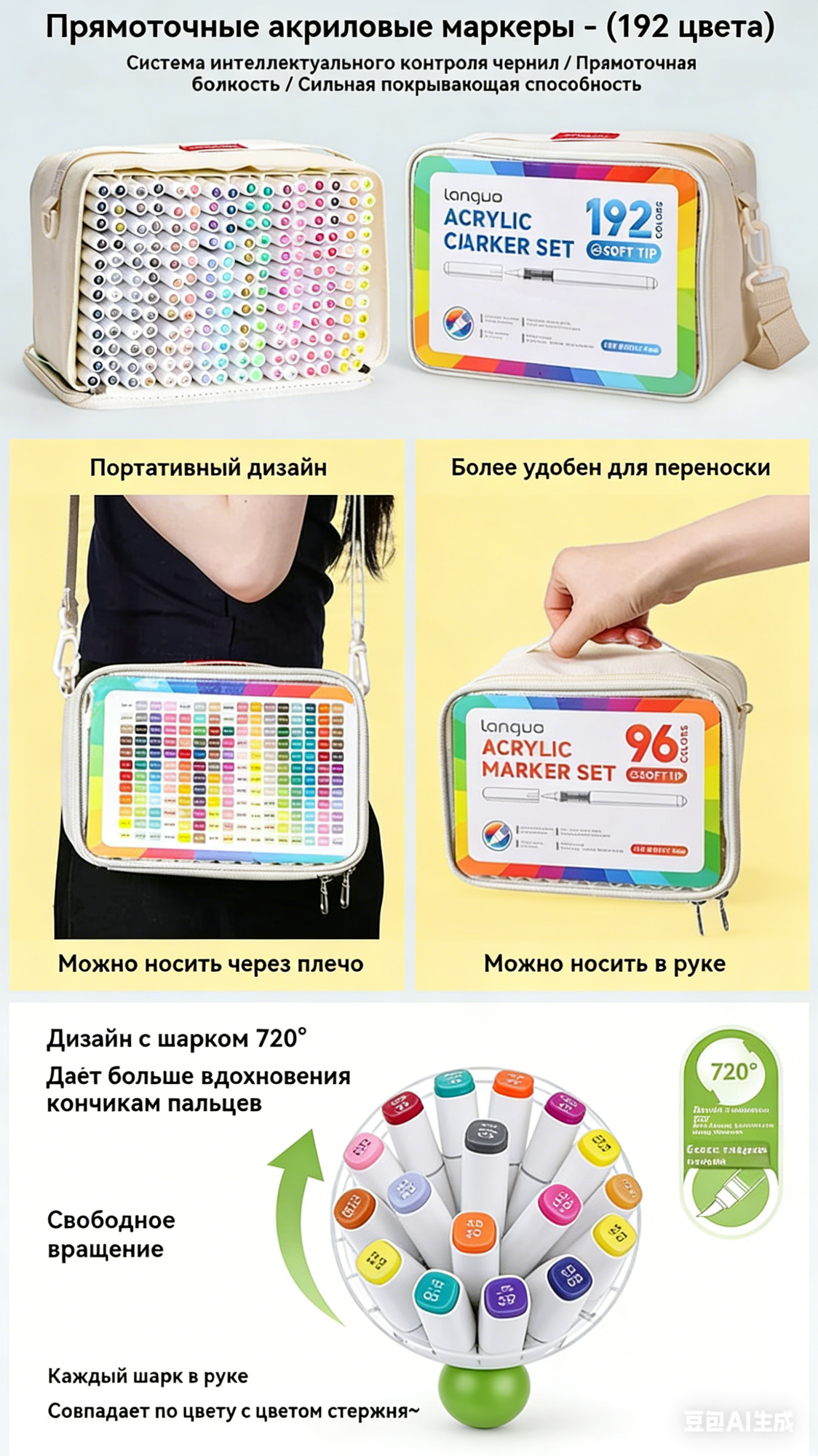 Languo Маркер Акриловый, толщина: 1 мм, 192 шт. прямой жидкий фломастер, акриловый маркер с мягким наконечником