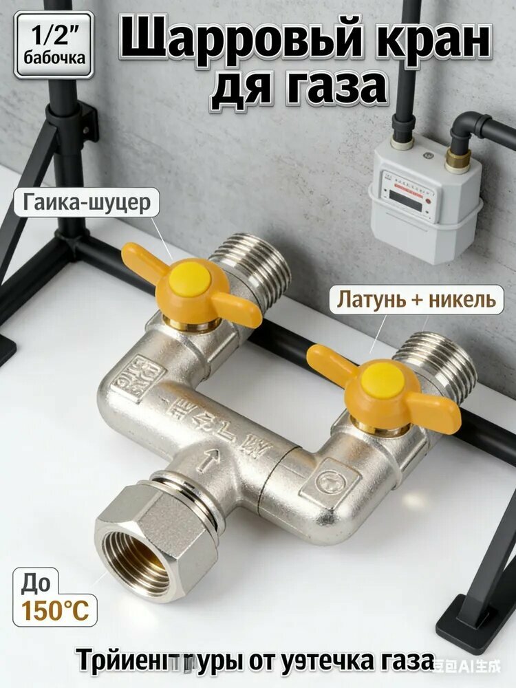 Тройник для газа 1/2" с двумя кранами, латунный переходник для газового шланга, усиленный разветвитель для плиты и духовки