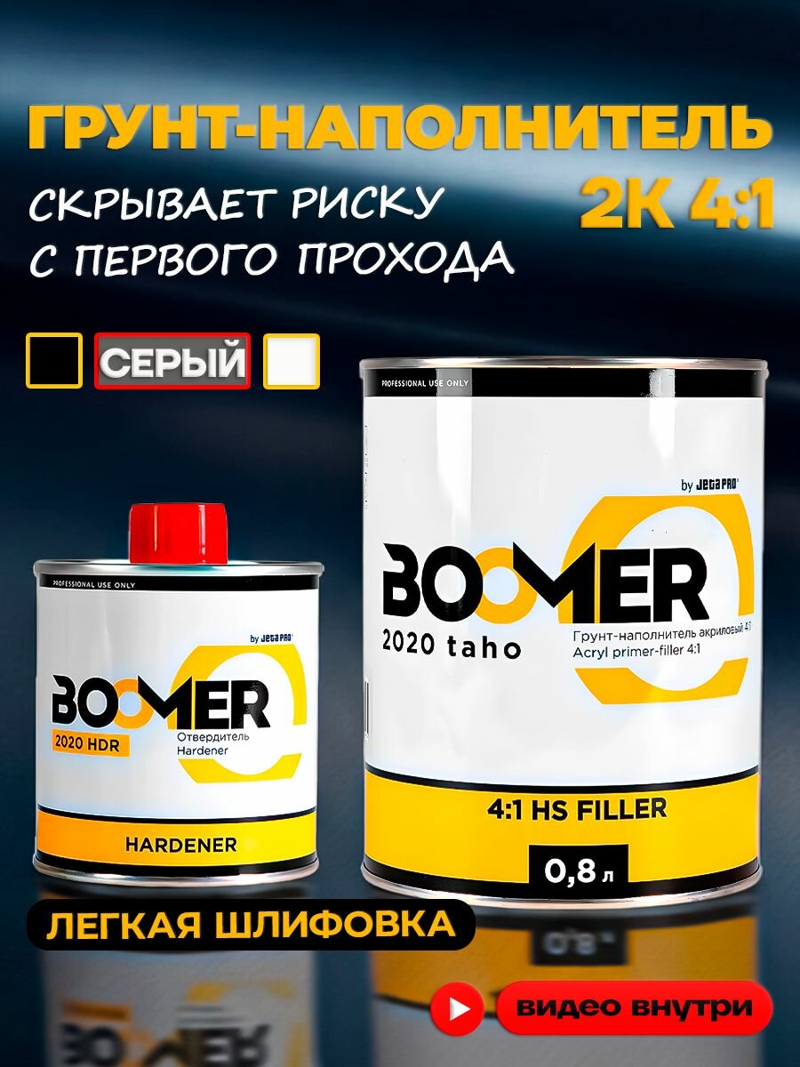 Грунтовка для автомобиля Boomer Taho 2K 4+1 серый, грунт автомобильный акриловый, наполнитель, ком-кт 1л (0.8л+0.2л), 2020/1