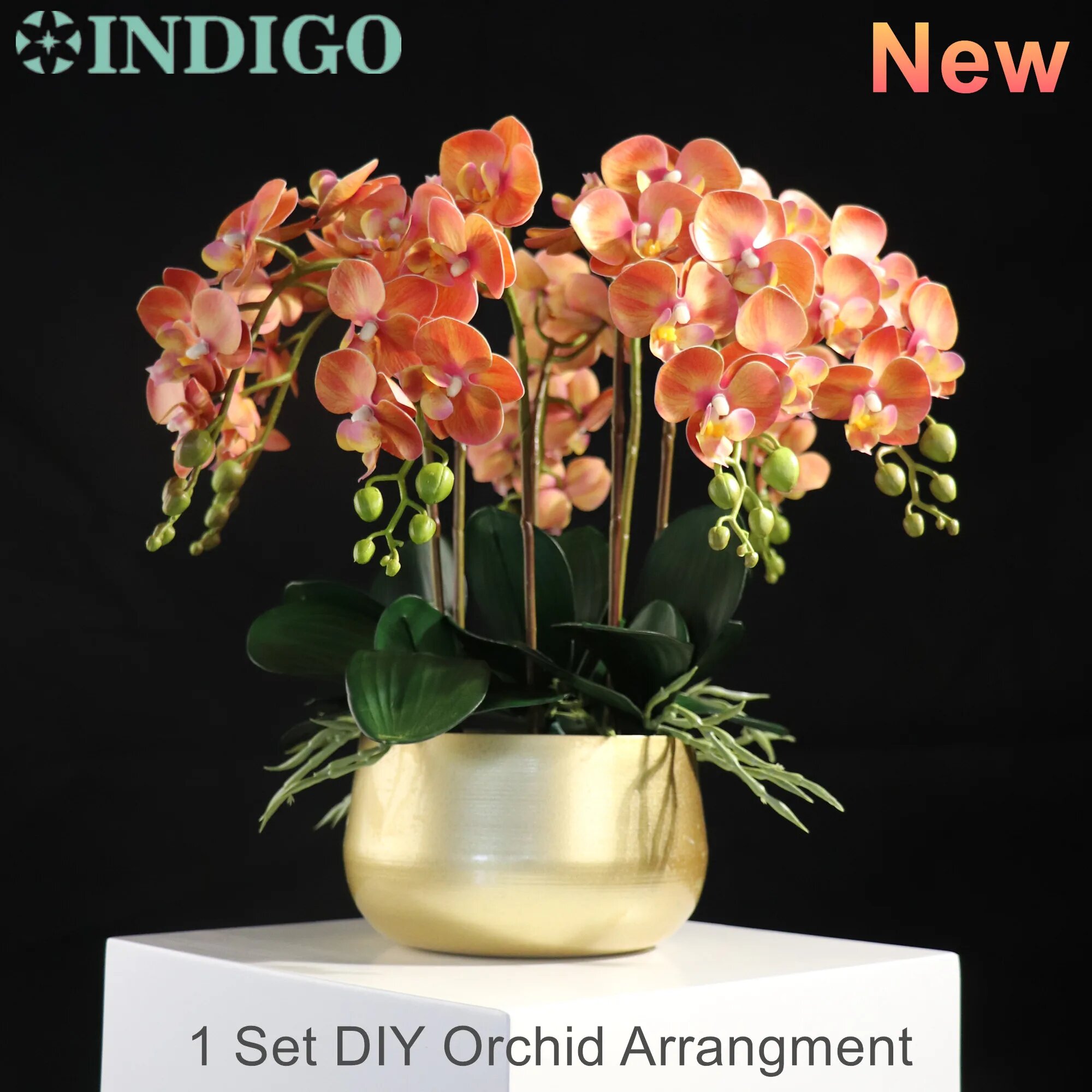 Цветочная композиция INDIGO-DIY, белая орхидея, настоящий прикож, украшение для офиса, центральная часть мероприятия, 7 шт, 5 шт. листьев, горшок и мох