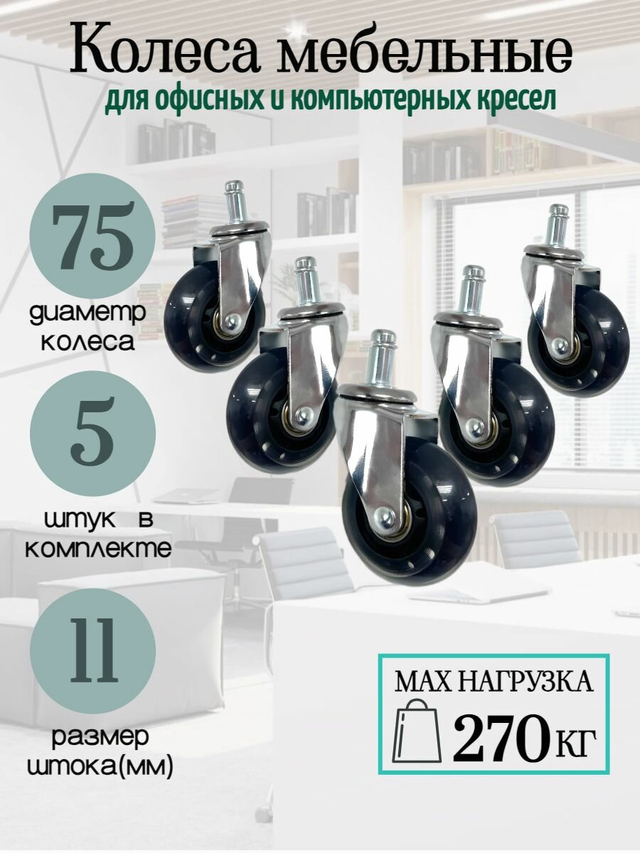 Колеса для офисного кресла полиуретан поворотные 5 шт D75 Хром