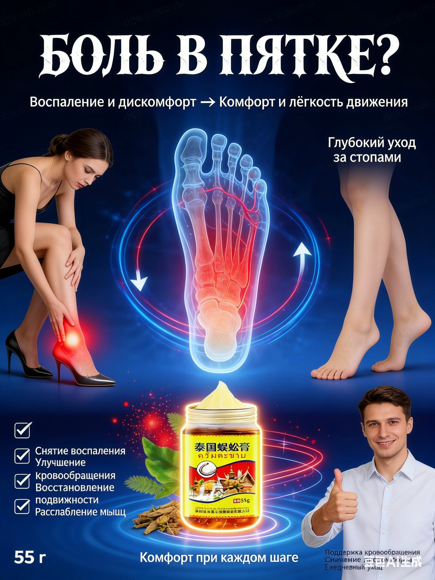 Мазь для пяток 55г средство для ухода за стопами после спорта и физической активности расслабление и уход за кожей ног