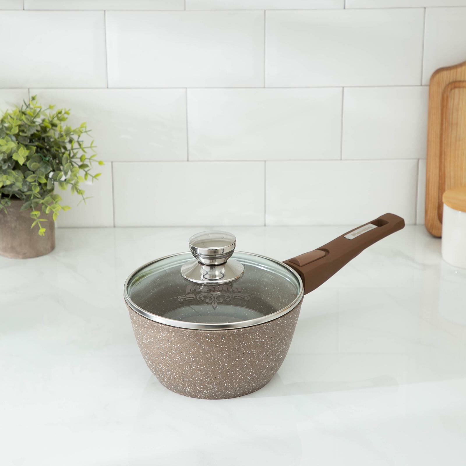 Ковш 082806 со съемной ручкой и стеклянной крышкой. "Гранит