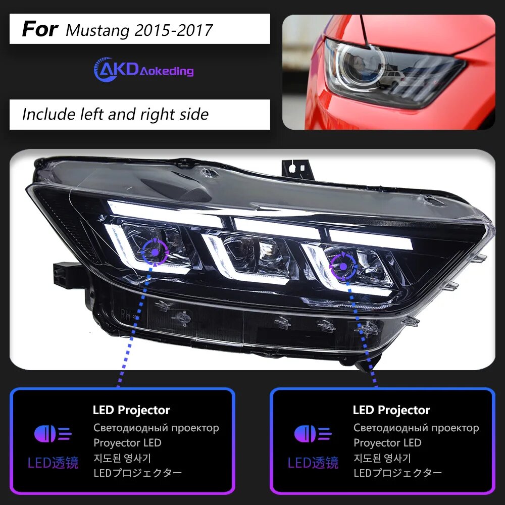 Фаркоп передний AKD для Ford Mustang LED-фара 2015-2017 Фары Mustang ДНС Сигнал поворота Основной фара Ангельское окошко Проекторный линза