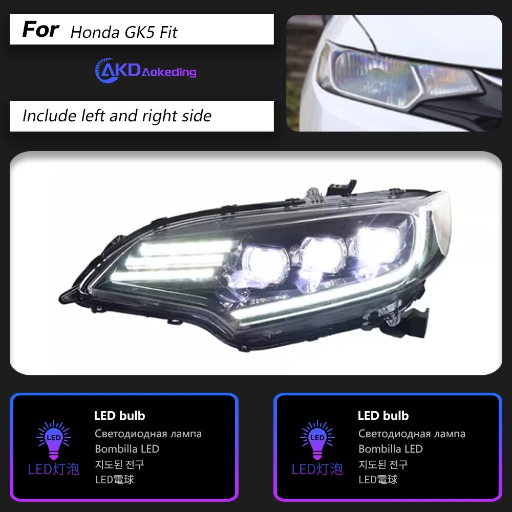 Фара AKD для Honda Jazz Fit LED-фара 2014-2019 Фары Fit Дневной ходовой огонь Поворотный сигнал Дальний свет Ангельское окошко Проекторная линза