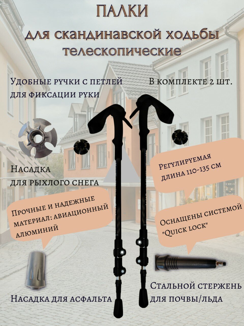 Палки для скандинавской ходьбы Nordic Walking Stick CQ телескопические черные комплект 2 шт.