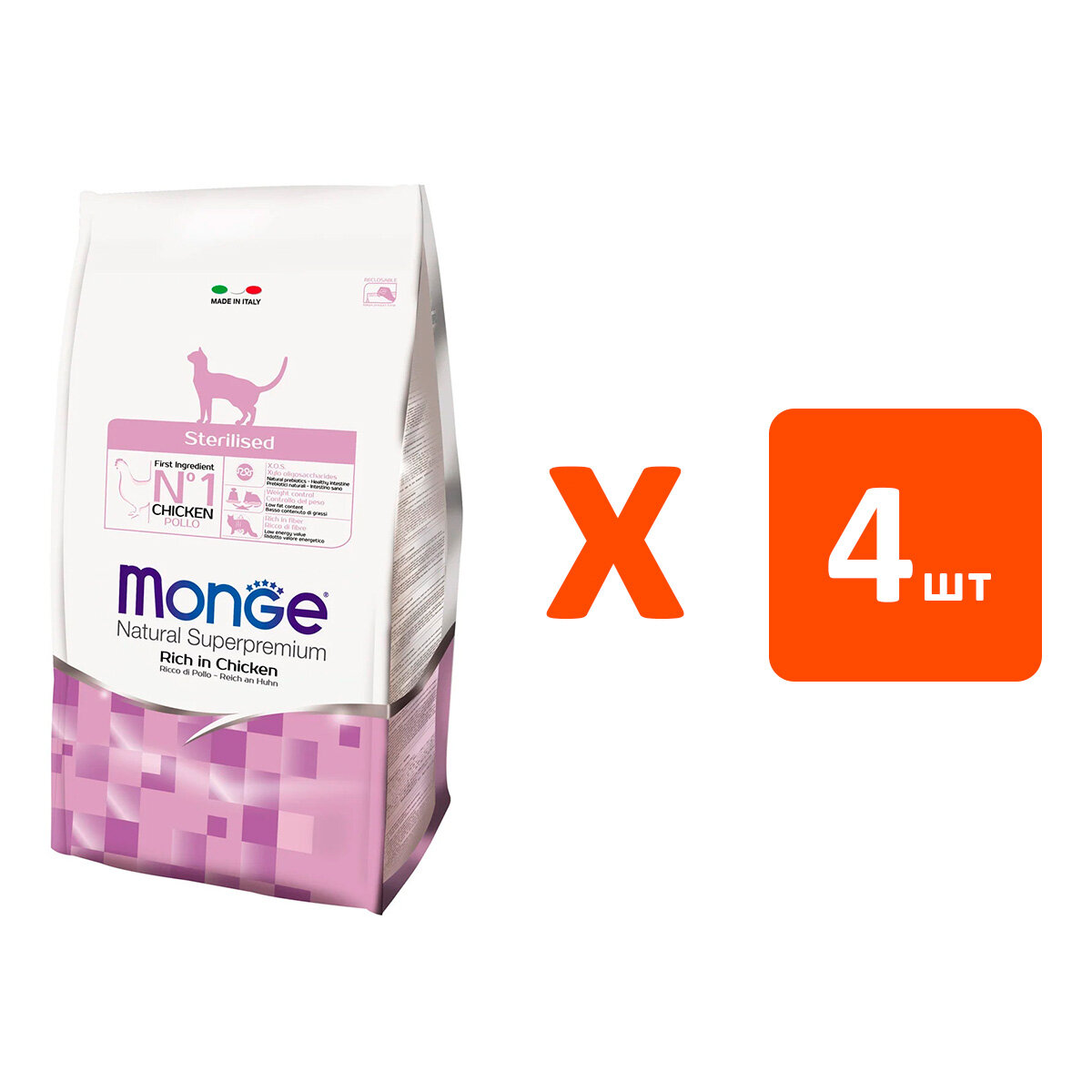 Корм сухой Monge Cat Sterilised Chicken для взрослых кастрированных котов и стерилизованных кошек, курица, 0,4 кг 4 шт