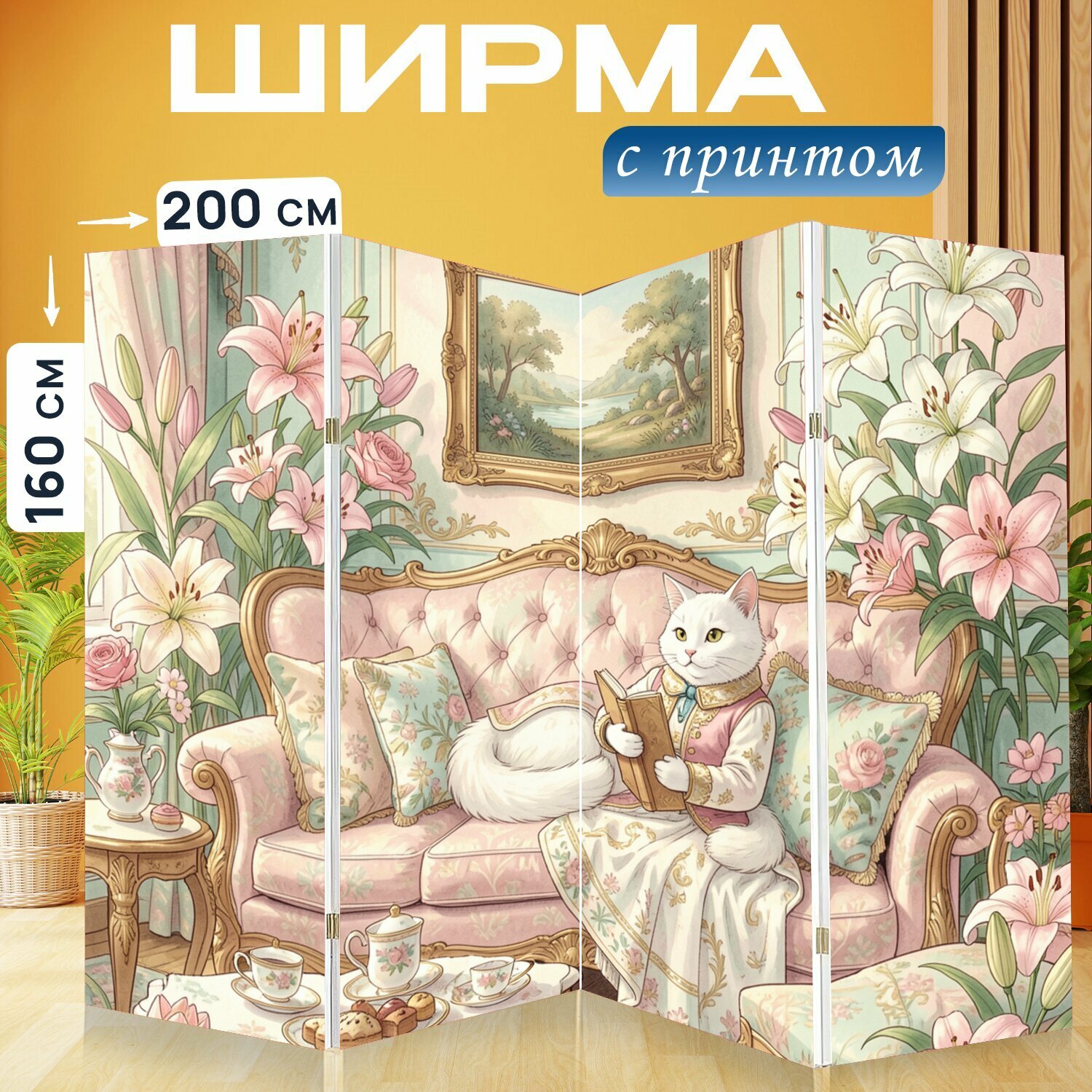 Ширма "Белая кошка с книгой. Аристократичная питомица читает в изысканной гостиной среди лилий и роз, чаепития." перегородка для зонирования комнаты с принтом 200x160 см. на холсте