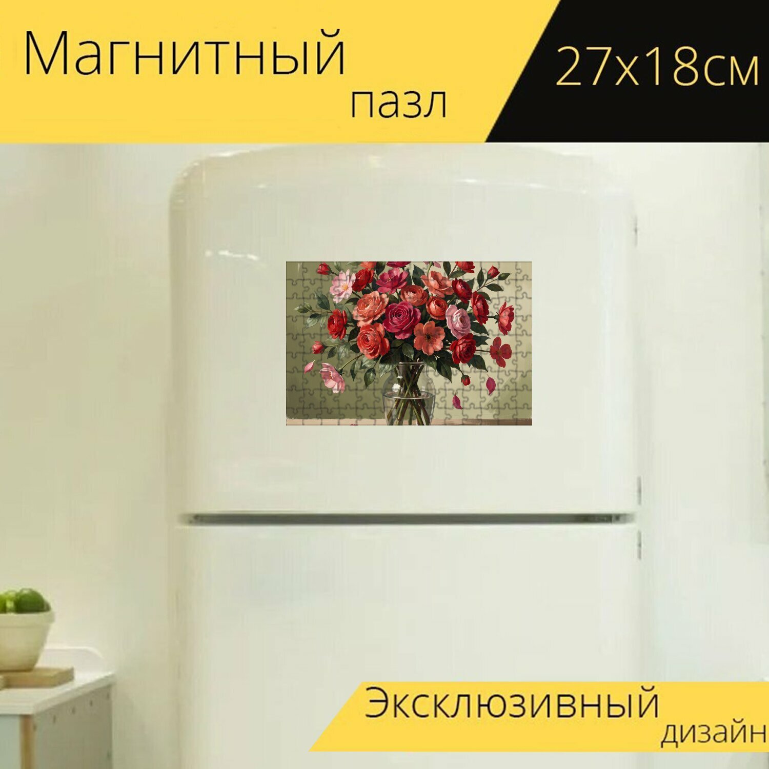 Магнитный пазл "Цветочная композиция в стеклянной вазе. Живописный букет нежных и ярких бутонов в прозрачной вазе, лепестки на столе, мягкий пастельный." на холодильник 27 x 18 см.