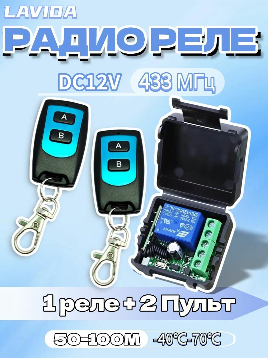Радиоуправляемое реле+2 пульт 12В 10А 433МГц для ворот, шлагбаумов