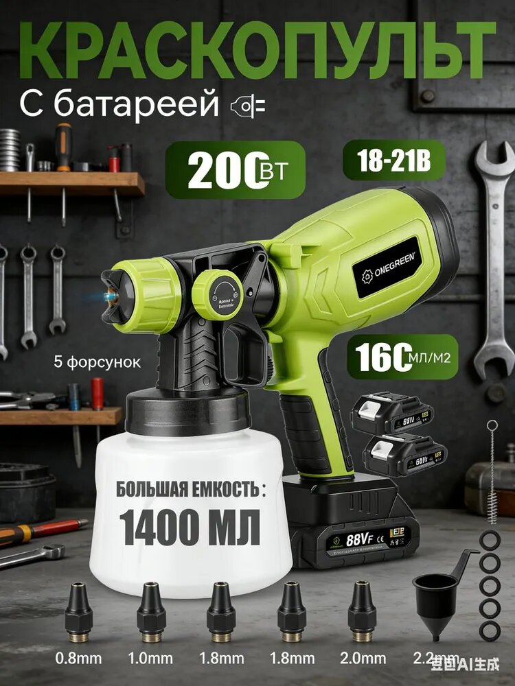 Краскопульт аккумуляторный (2 АКБ) , 1200 Вт, бак 1400 мл, 80 DIN