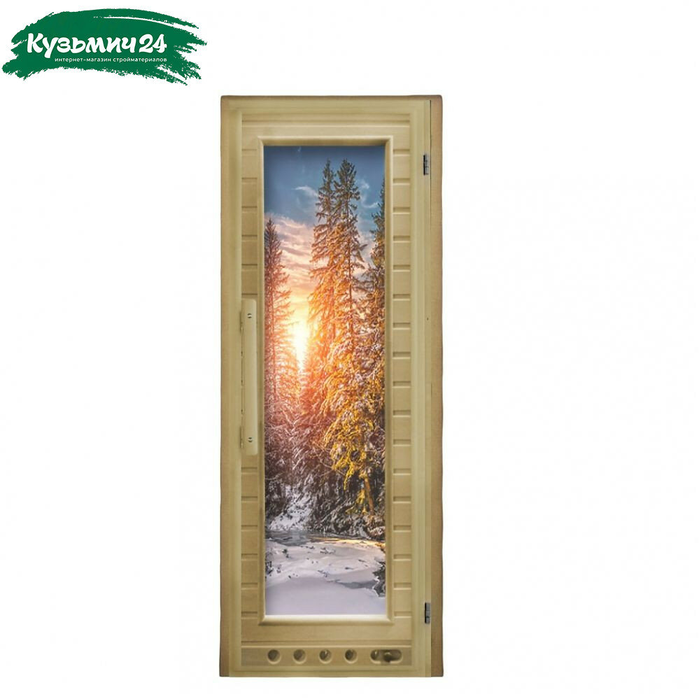 Дверь для бани Doorwood с фотопечатью Элит люкс зима, 720х1850 мм, липа, стекло 8 мм, 2 петли, с порогом