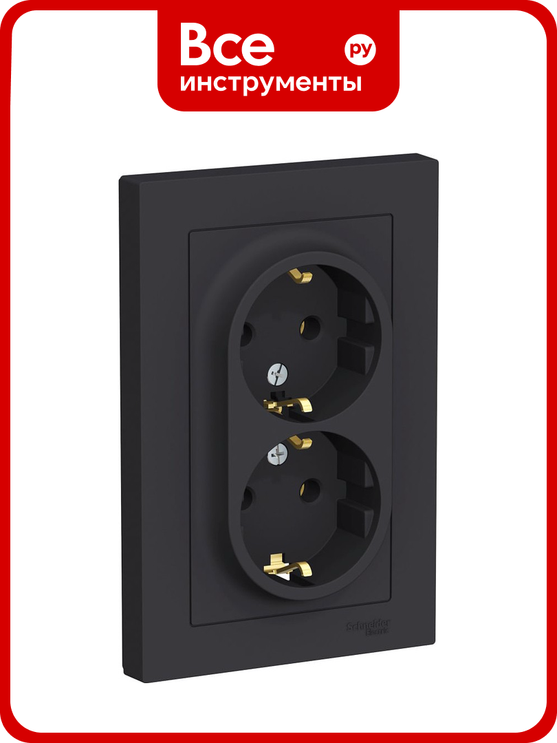 Розетка Systeme Electric AtlasDesign Карбон двойная встраиваемая силовая, антрацитовый карбоновый корпус из ABS‑пластика