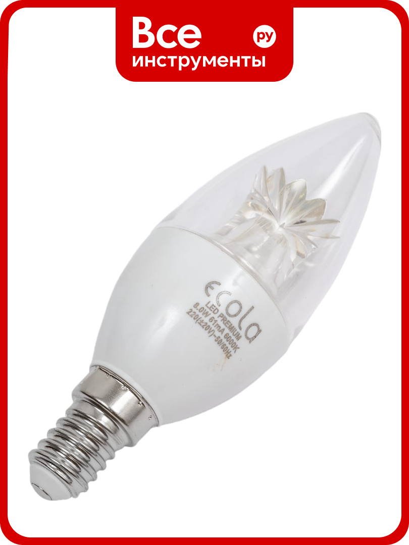 Светодиодная лампа Ecola candle LED Premium 8,0W 220V E14 6000K прозрачная свеча с линзой композит 105x37 C4QD80ELC