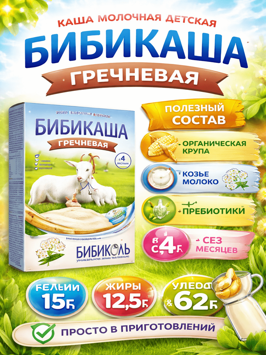Каша молочная детская Бибикаша Гречневая с 4 месяцев, 200г