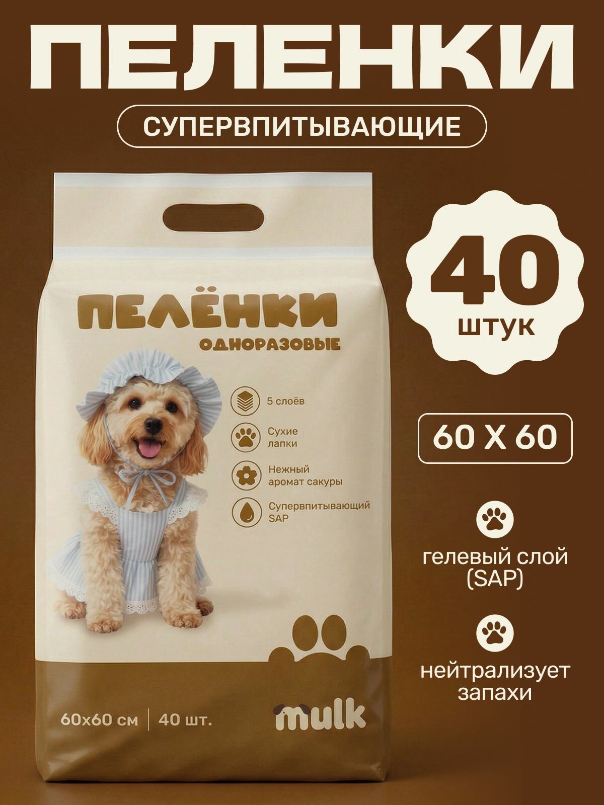 Пеленки для животных MULK, впитывающие с суперабсорбентом, 60x60 см, 40 шт, без фиксации