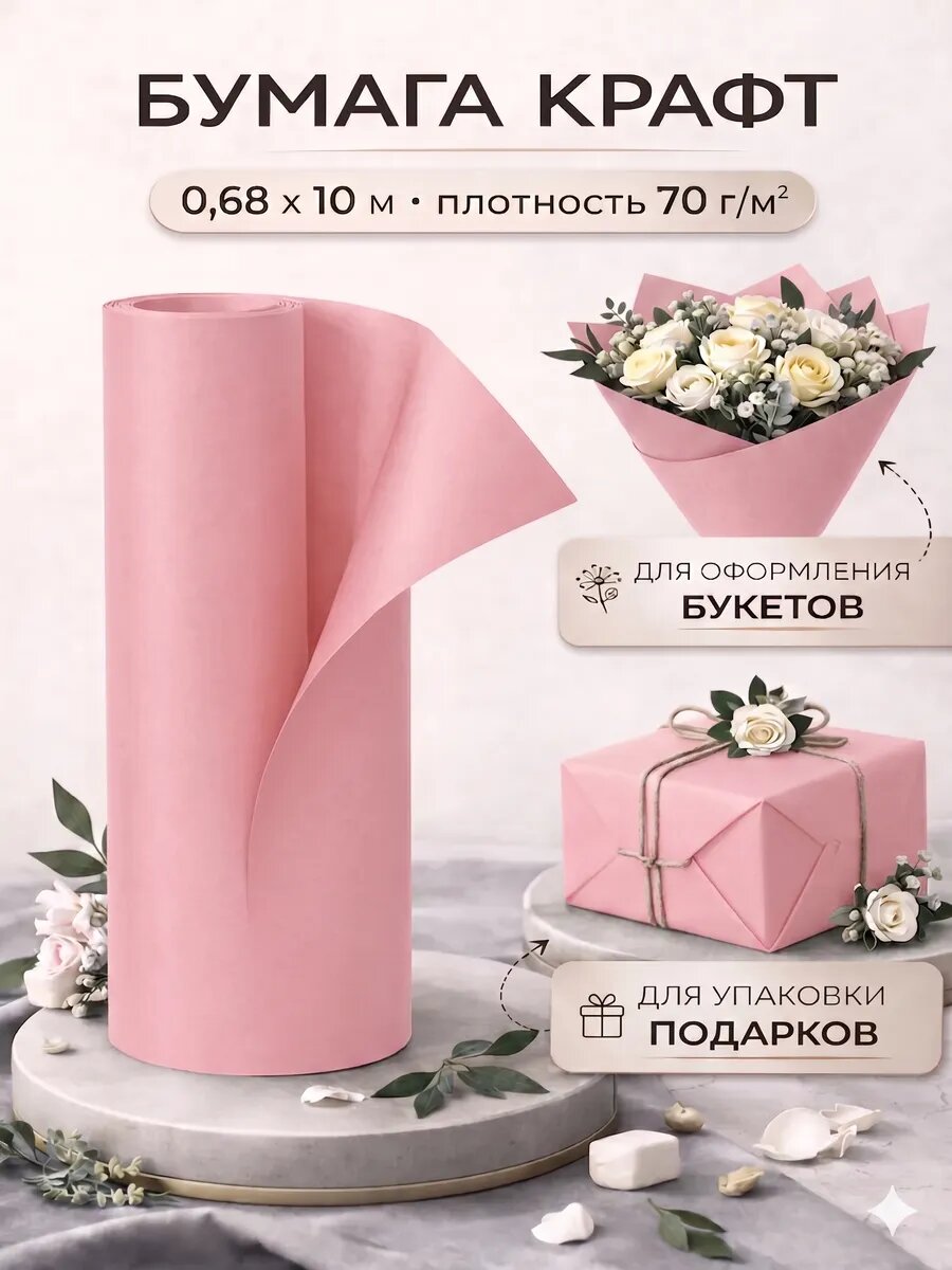 Бумага упаковочная крафт, двусторонняя, розовый, 0.68×10±5% м