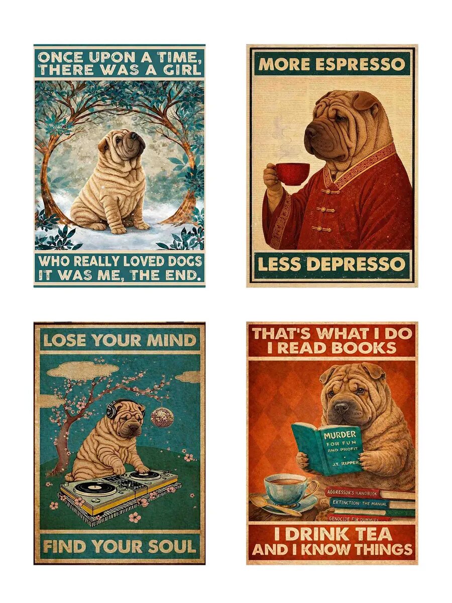 Китайский шарпей, I Drink Tea, 4 Плаката, 30x21см
