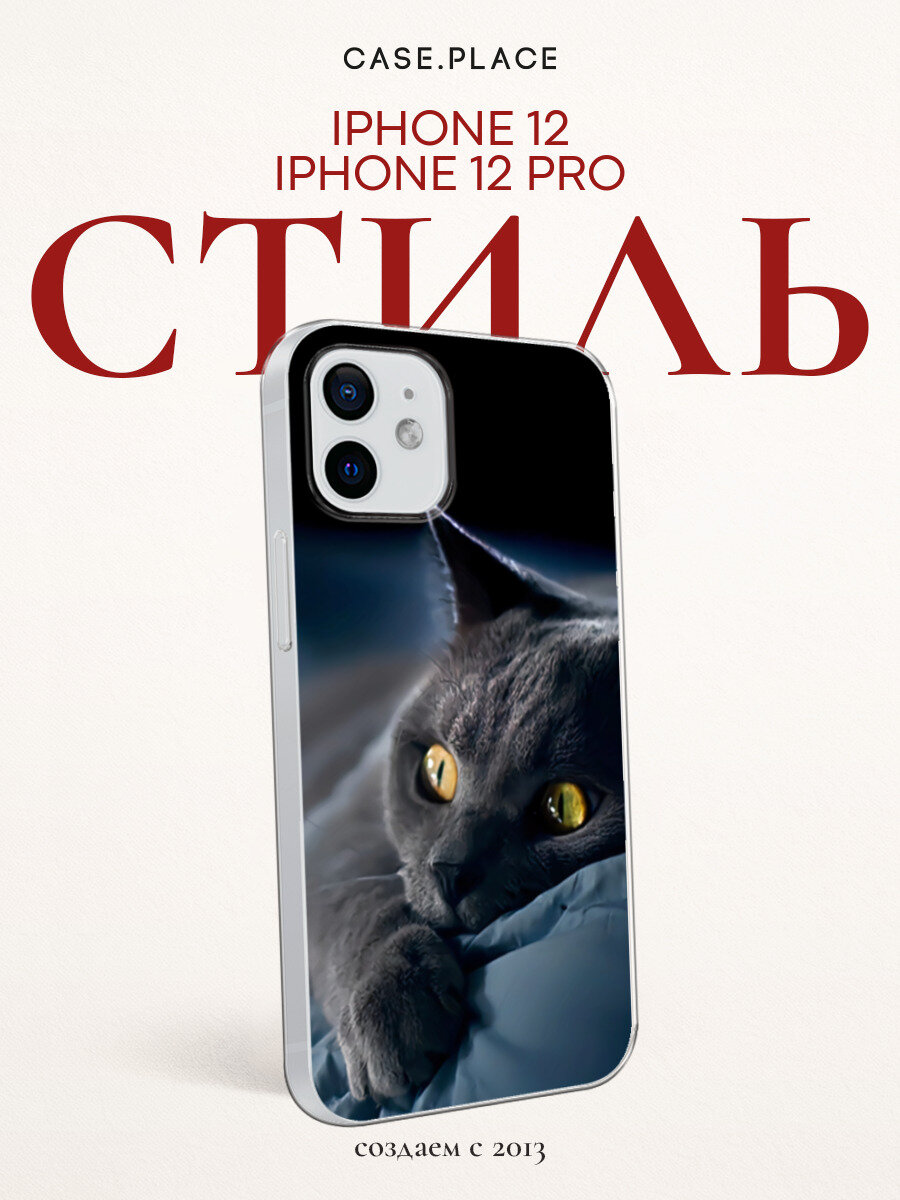 Чехол на Apple iPhone 12/12 Pro / Айфон 12 с принтом Кот на кровати