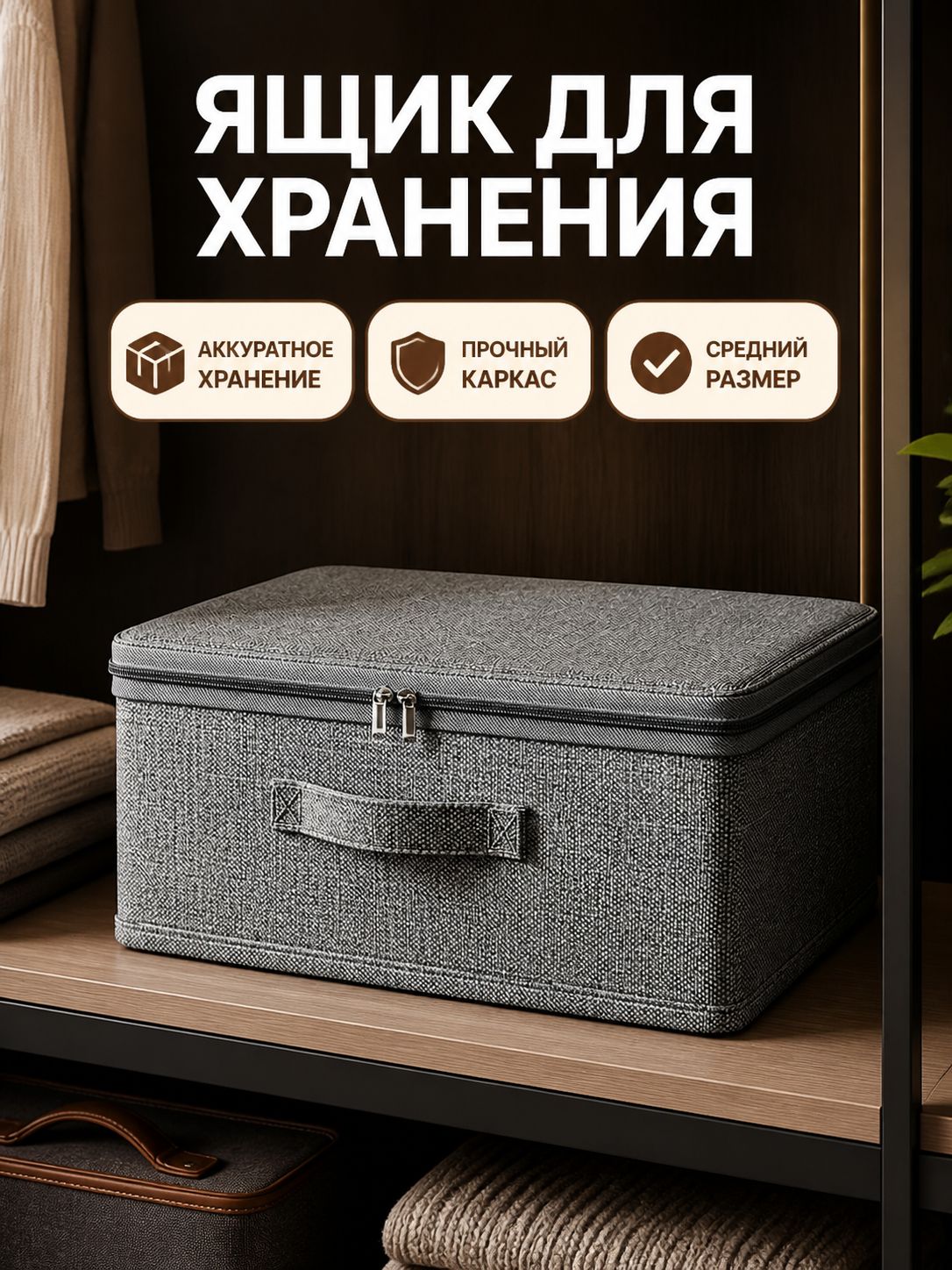 Коробка для хранения одежды с откидной крышкой, средний размер (38 25.5 16 см), из полипропилена, серая