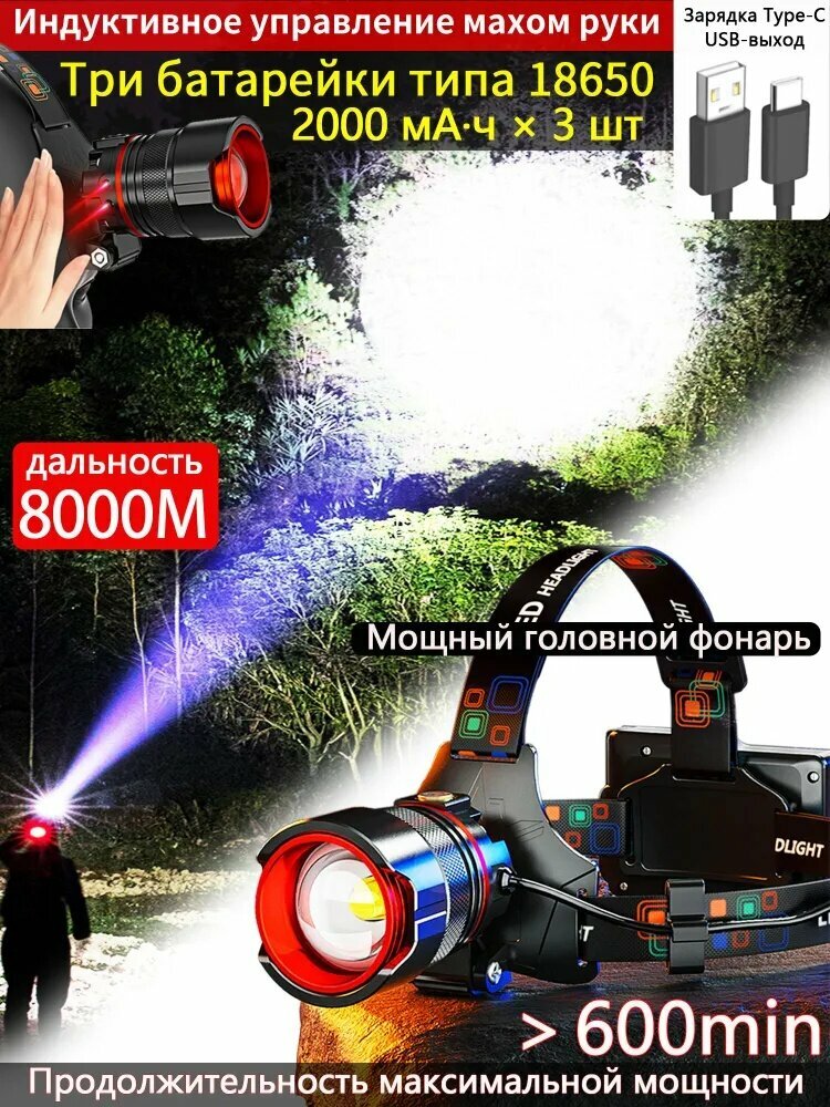 Фонарь налобный аккумуляторный мощный, светодиодный, волновое управление