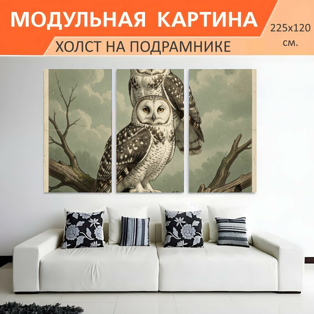 Модульная картина на холсте "Две совы на старом дереве. Пара бело-коричневых ночных птиц сидит на сухой ветви среди туманного леса." триптих на подрамнике 225х120 см. для интерьера