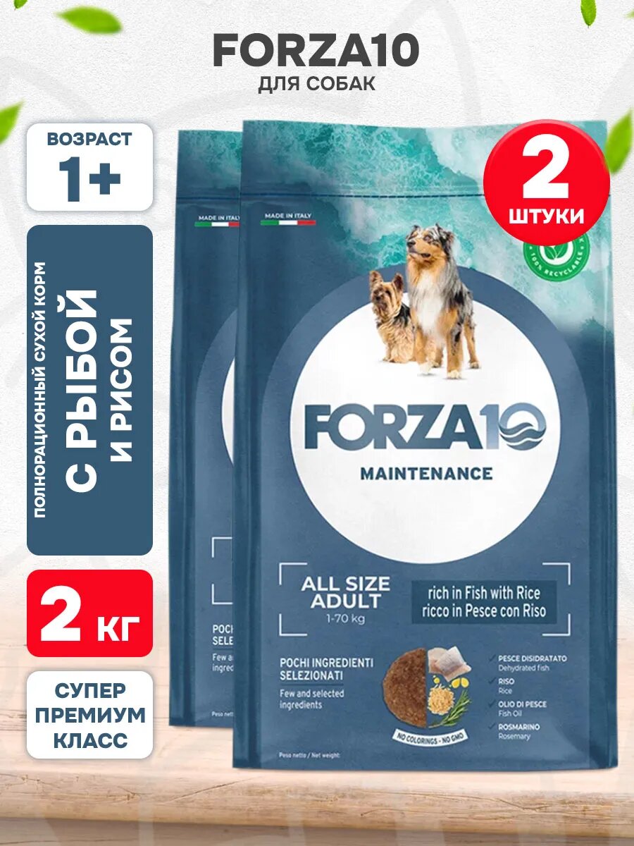 Корм сухой Forza10 Dog Maintenance Adult All Size для взрослых собак всех пород с рыбой и рисом, 2 кг х 2 шт