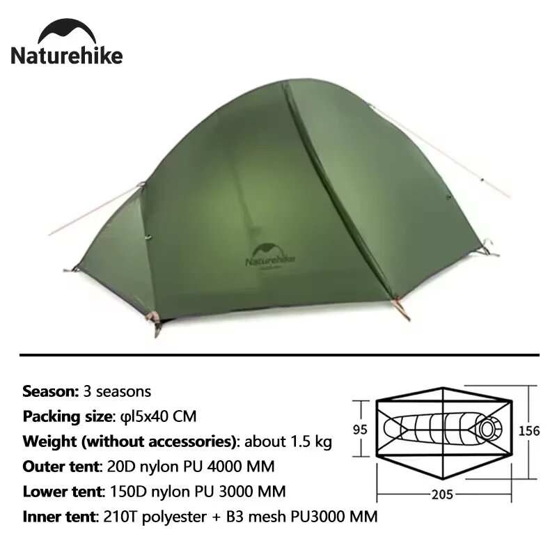 Палатка Naturehike для велосипедистов 1 человек ультralегкая наружная 3 сезона водонепроницаемая 20D нейлоновая палатка для кемпинга, походов, альпинизма портативная - Зеленая
