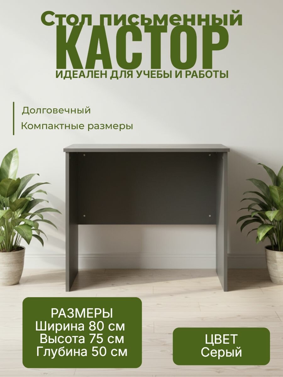 Стол письменный кастор, 80х50х75 см, Серый, ширина 80 см, для школьника или студента, учебный для ноутбука