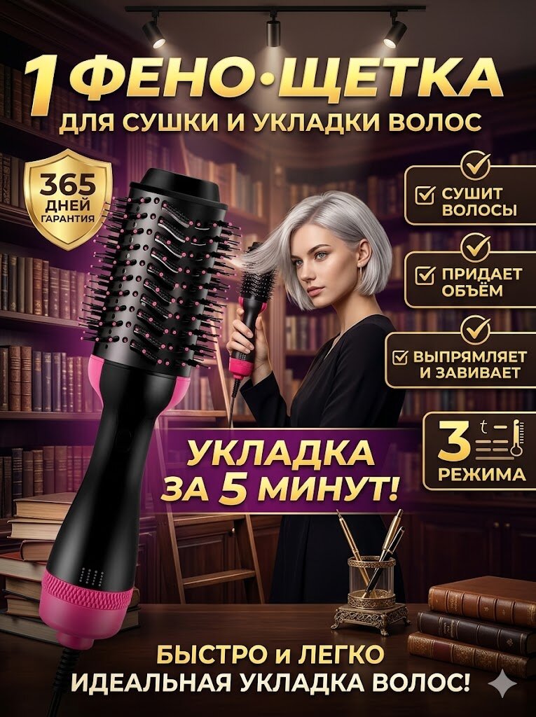 Фен-щетка для волос / Расческа с ионизацией One Step Фен-щётка (расчёска-фен) для волос Hair Dryer 3 в 1