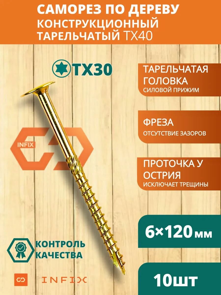Саморез конструкционный тарельч. 6х120 цж tx 30 INFIX (упак 2 шт)