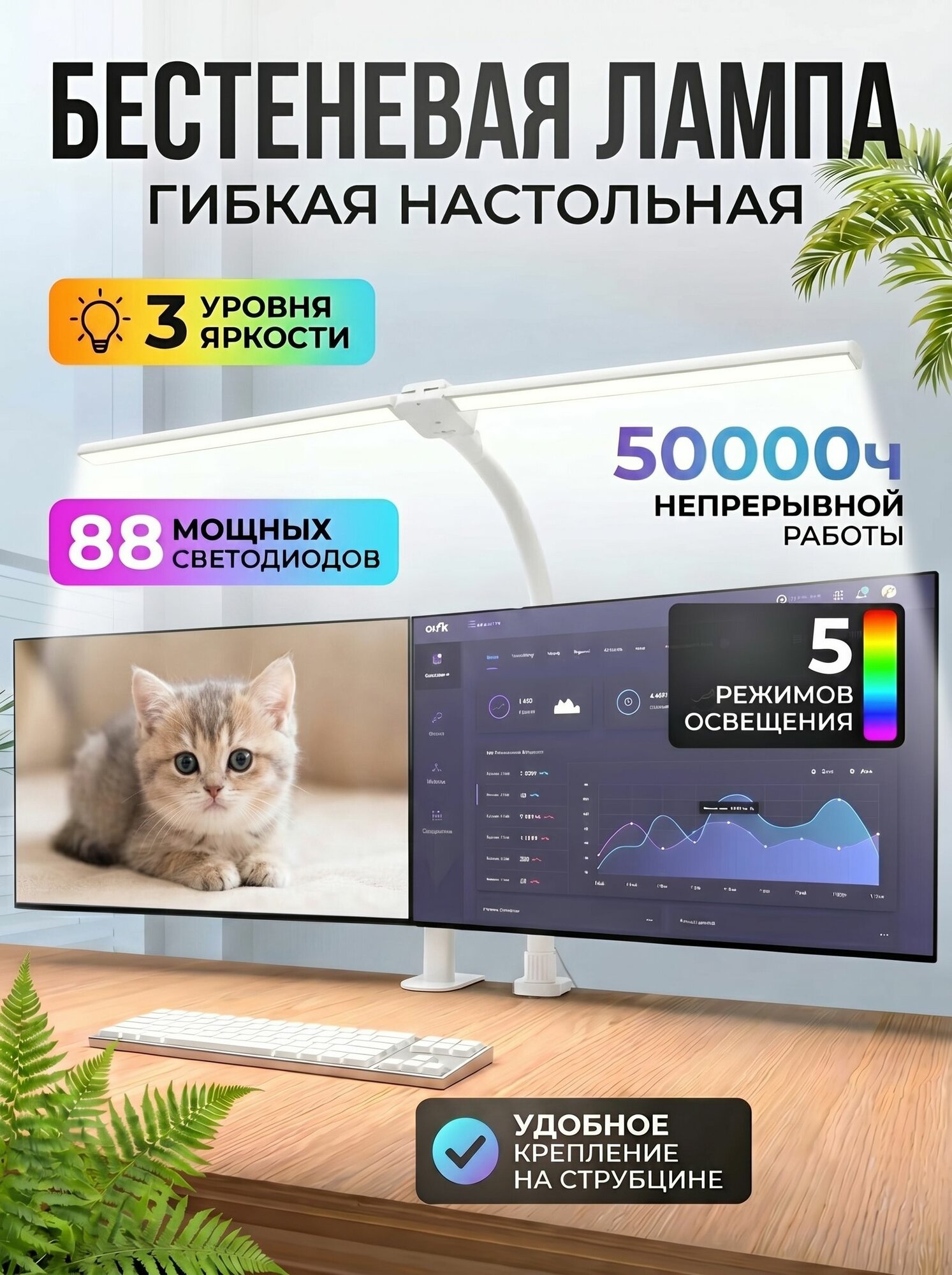 Лампа настольная бестеневая светодиодная на струбцине / Лампа для монитора, светодиодная настольная бестеневая