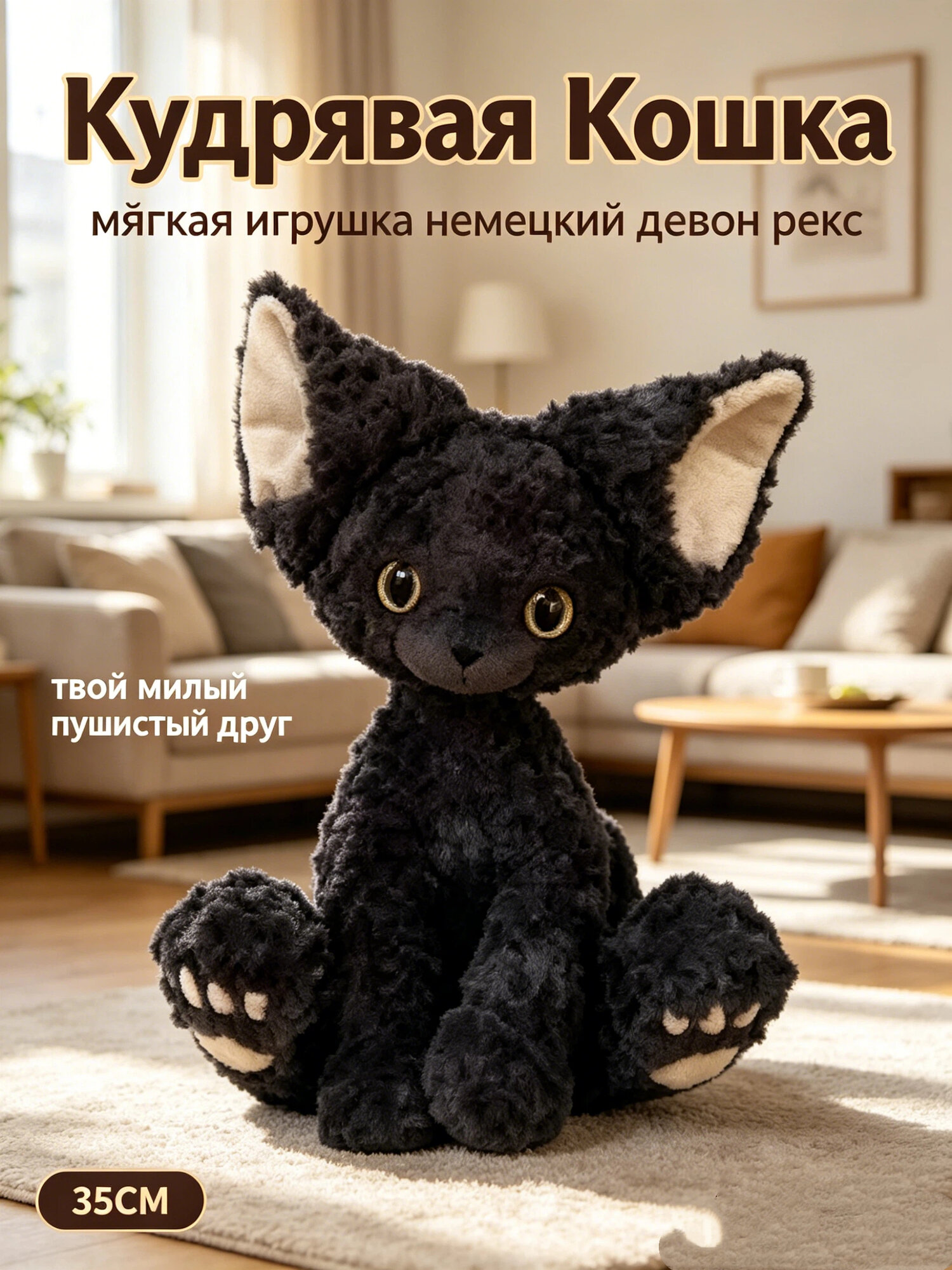 Мягкая игрушка Немецкий кот, кот Девон(кот Девон-рекс) , 35 см черный