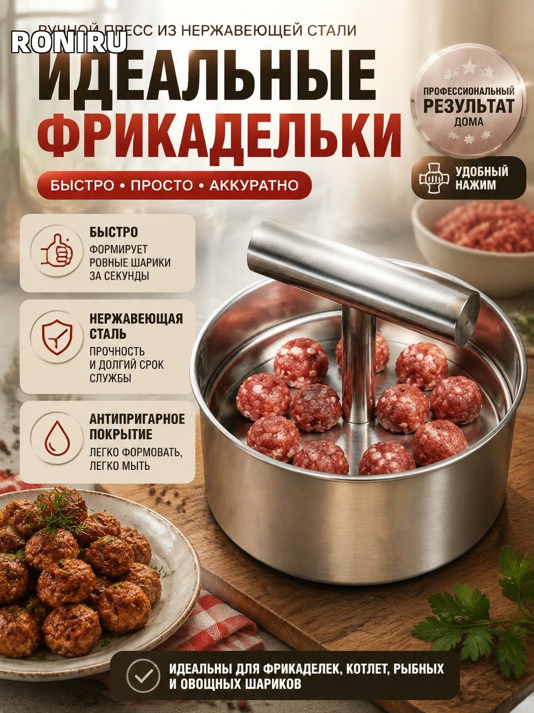 Ручной пресс из нержавеющей стали с антипригарным покрытием для фрикаделек и котлет быстро формирует мясные шарики