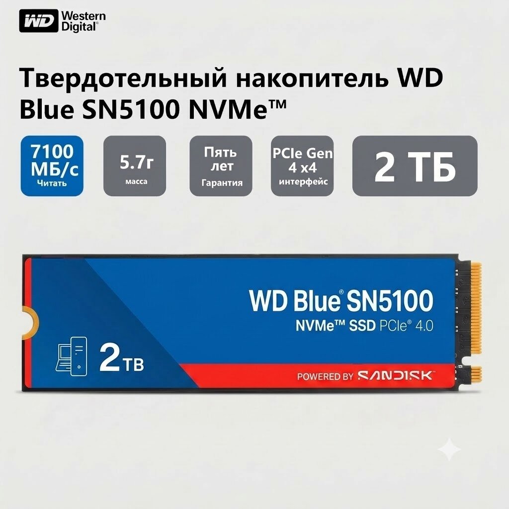 SSD WD Blue SN5100, 2 ТБ, M.2 (22×80 мм), NVMe, PCIe 4.0 x4, TLC, чтение 7100 МБ/с, запись 6700 МБ/с