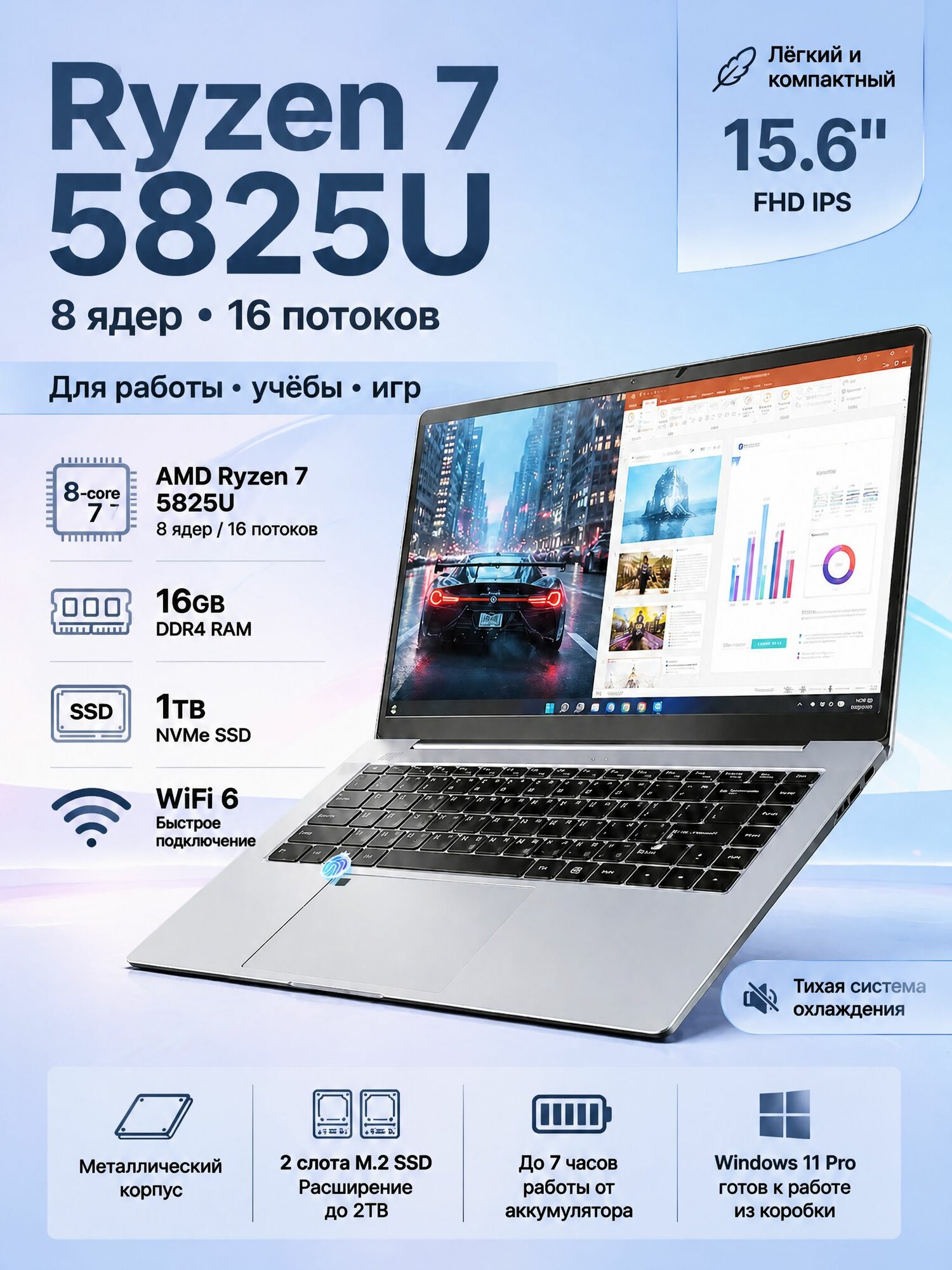 Ninkear Honor-Book A15 Plus(2 вентилятора охлаждения,2RAM,2SSD,8 ядер) Игровой ноутбук 15.6", AMD Ryzen 7 5825U, RAM 16 ГБ, SSD 1024 ГБ, AMD Radeon 680M, Windows Pro, серый металлик, Русская раскладка