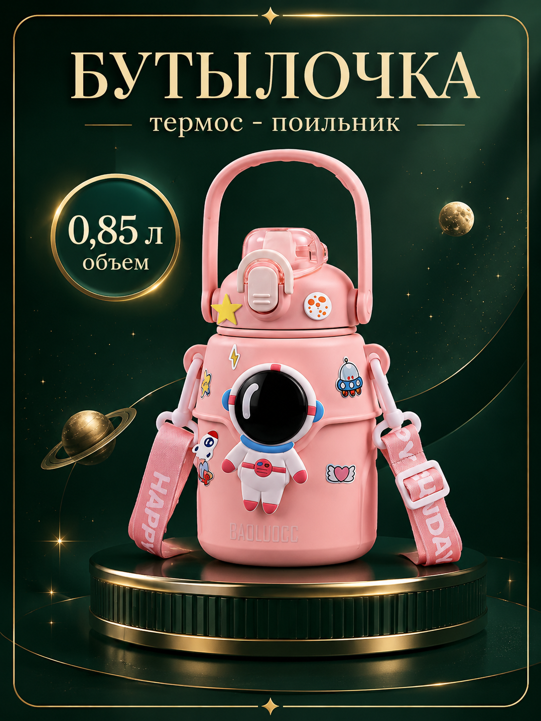 Термос детский с ремешком Космос, Термобутылка для горячих напитков с ручкой, Непроливайка с кнопкой, 850мл, Розовый