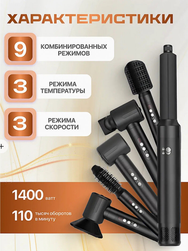 Фен стайлер 7 в 1 для сушки и укладки волос, ионизация, BLDC мотор, защита от перегрева, 7 насадок, черный