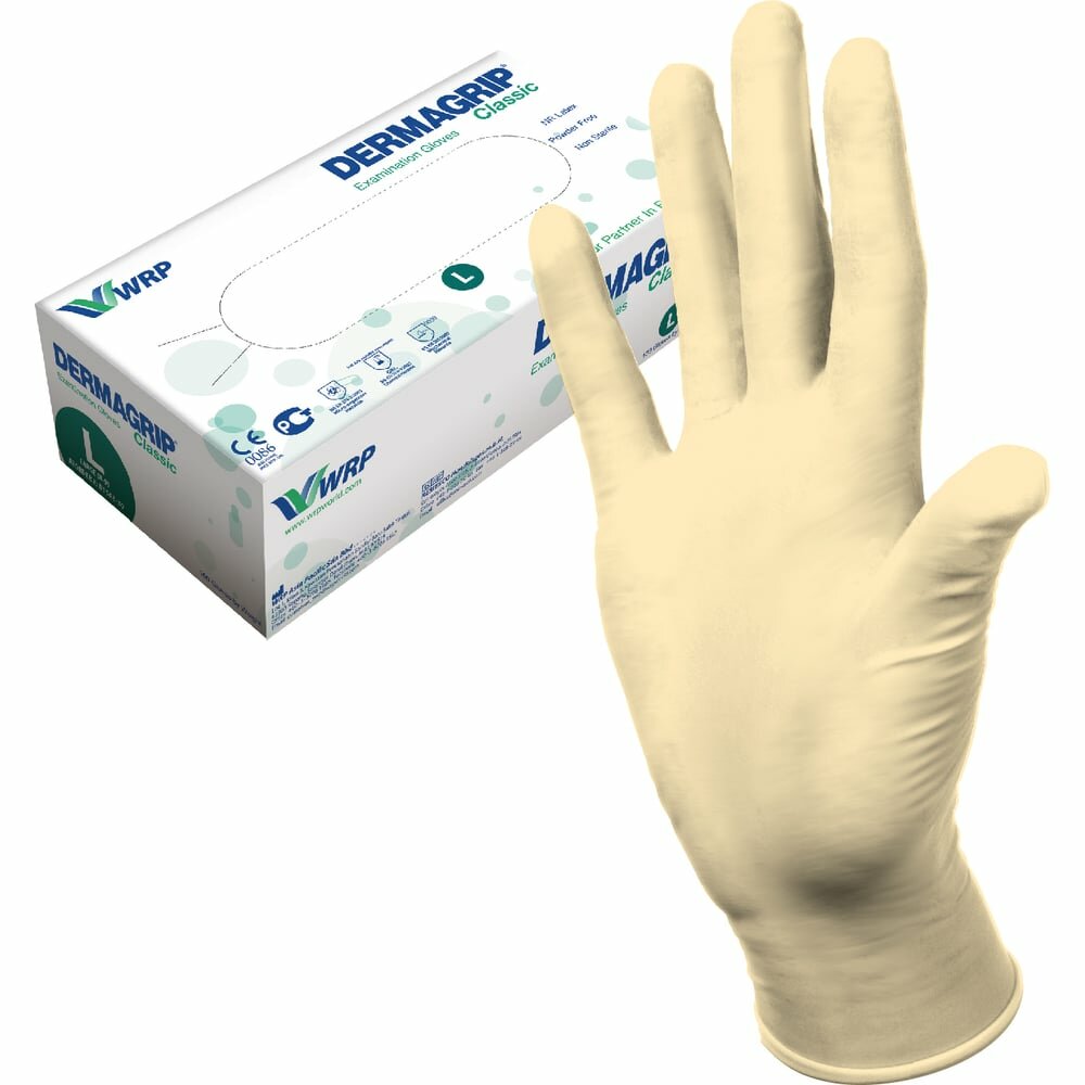 Смотровые латексные перчатки DERMAGRIP CLASSIC 100 штук, размер L CT0000000692
