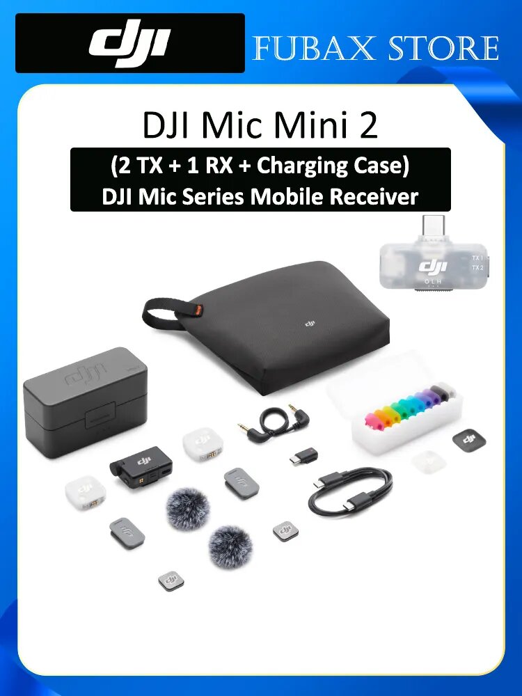 DJI Микрофон универсальный DJI Mic Mini 2 (2 передатчика + 1 приемник + зарядный кейс) + мобильный приемник для DJI Mic Series, светло-серый