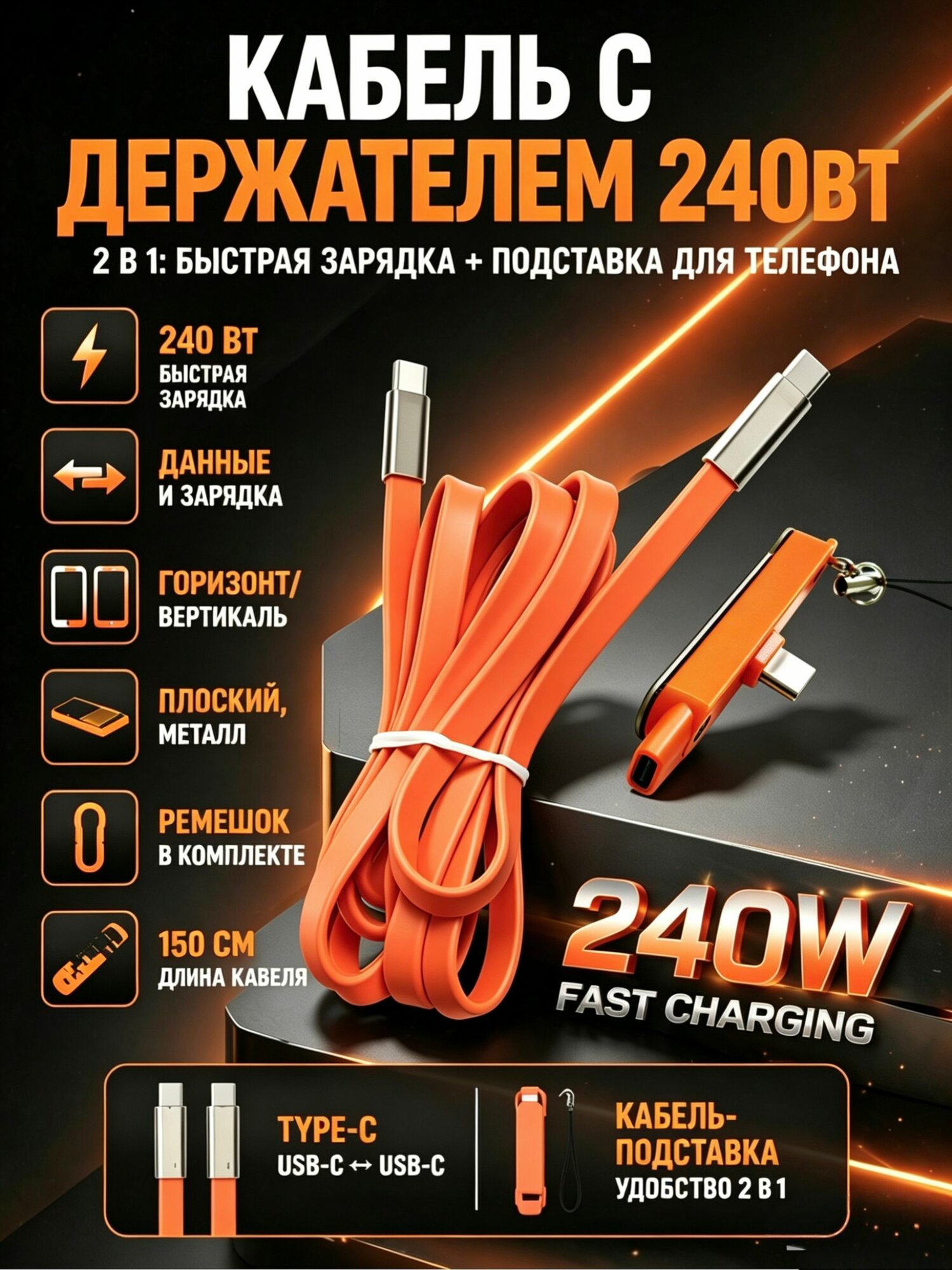 UooXuu Кабель для мобильных устройств USB Type-C/USB Type-C, 1.5 м, оранжевый
