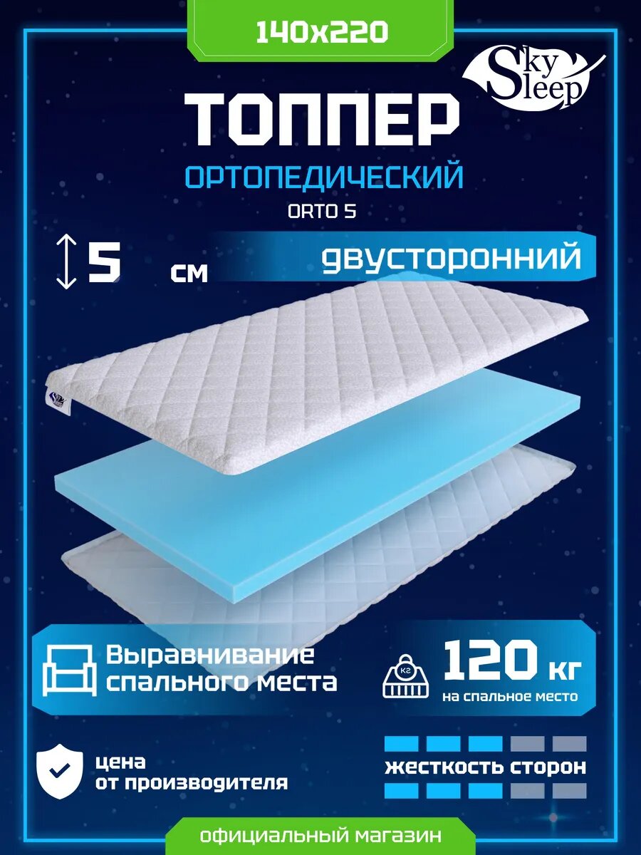 Топпер 140×220 см SkySleep Orto 5, матрас на диван, двуспальный, ППУ, беспружинный