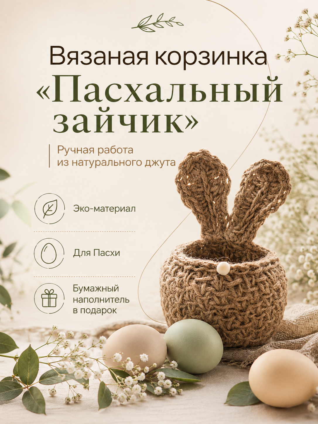Пасхальная корзина Уютный дом "Зайчик", джутовая, ручная работа