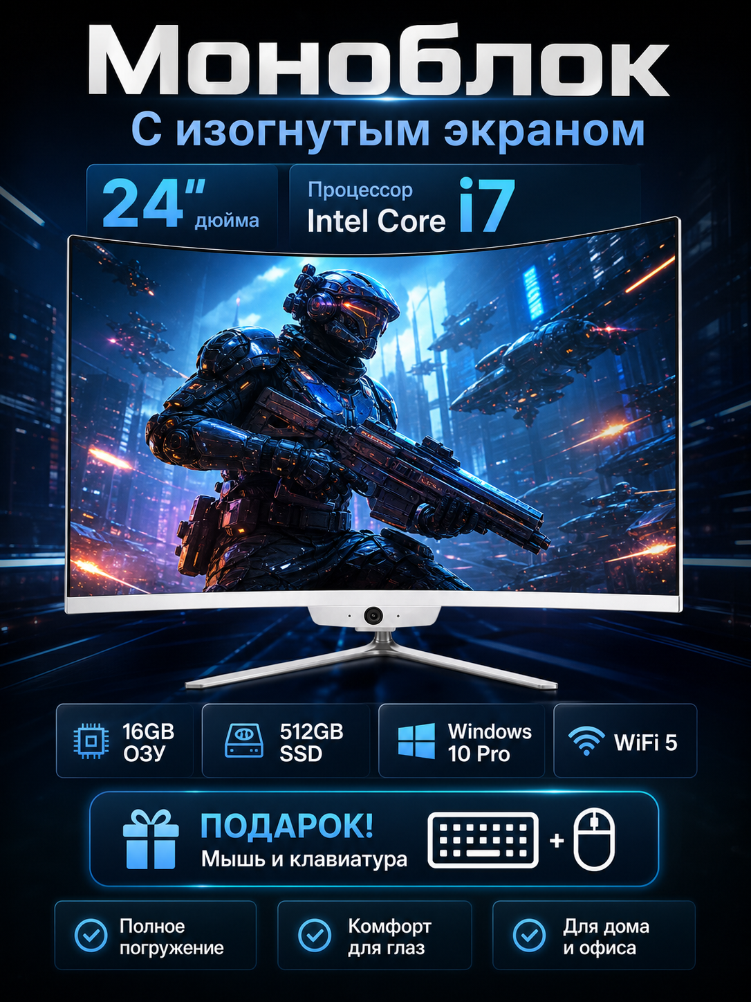Моноблок 24", изогнутый экран, Intel Core i7, 16 ГБ ОЗУ, SSD 512 ГБ, Windows 10 Pro