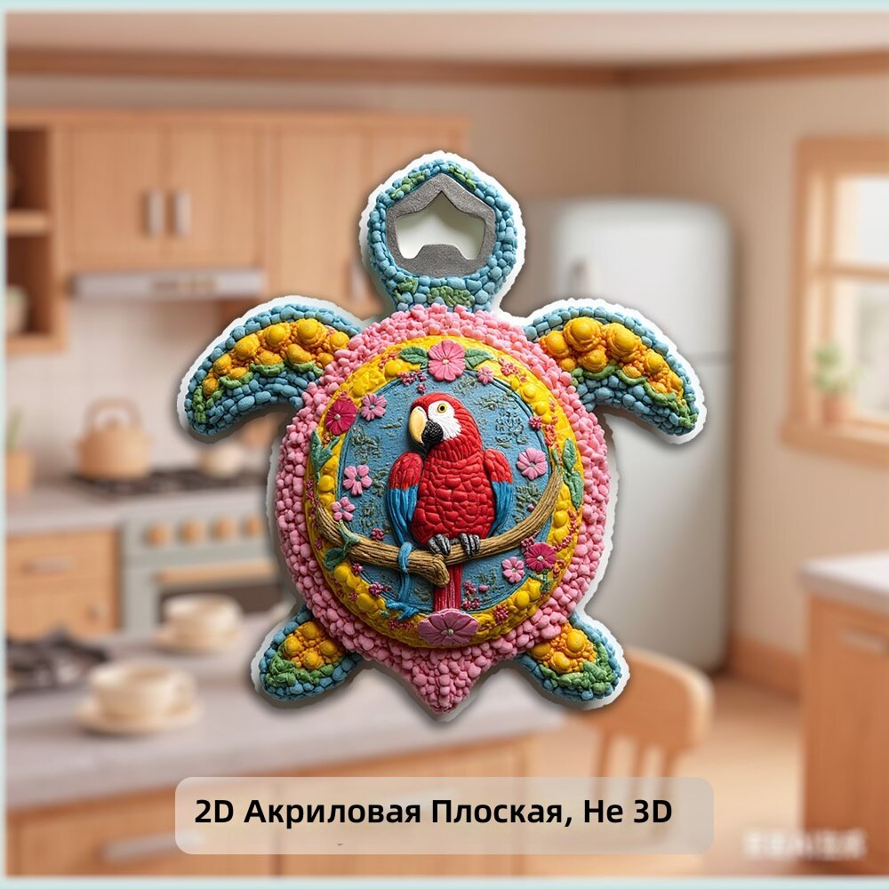 Акриловая плоская магнит-открывашка для бутылок с изображением тропического попугая и морской черепахи, 1 шт.