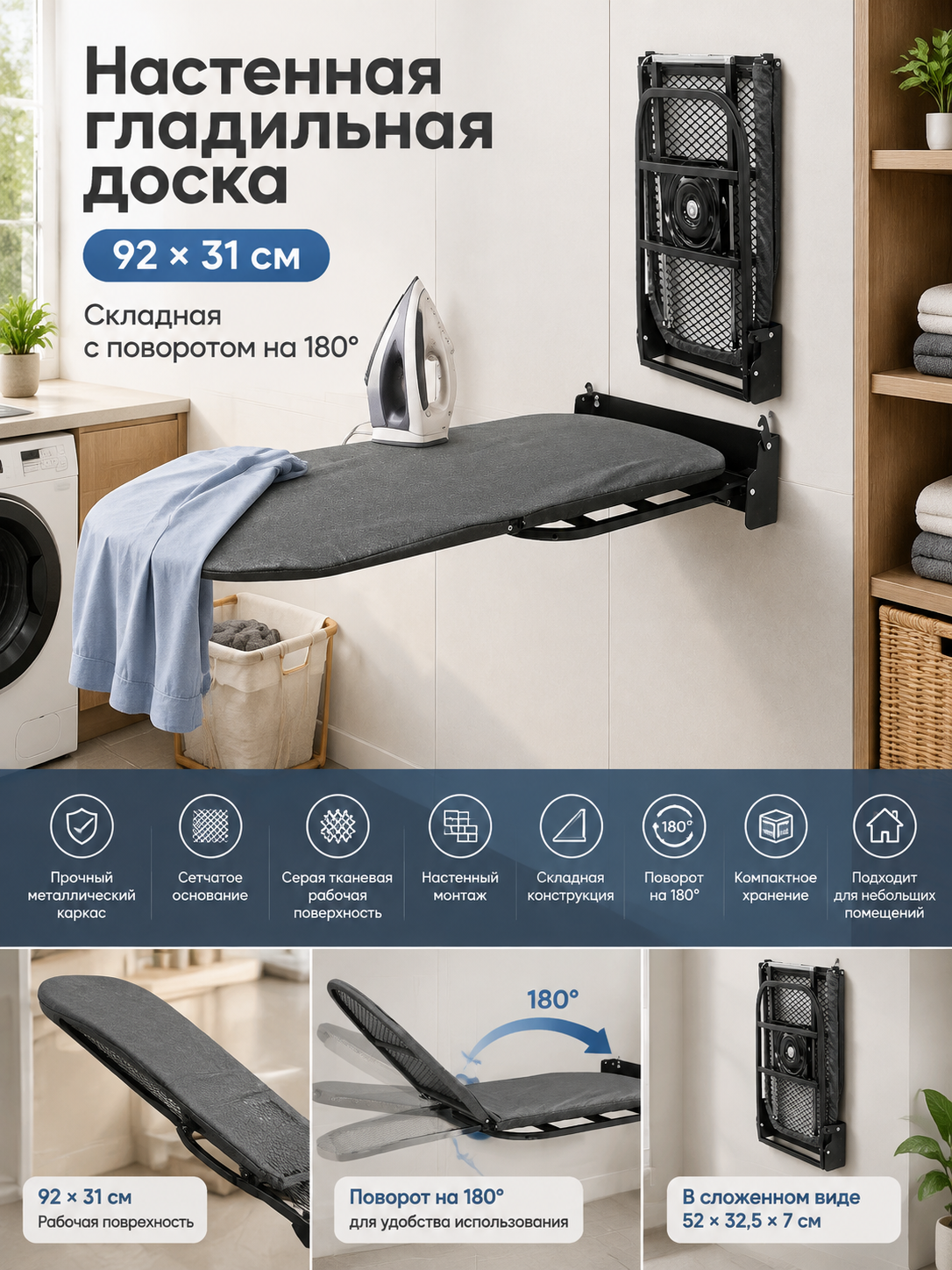 Настенная гладильная доска 92х31 см, складная с поворотом на 180°, черный металлический каркас