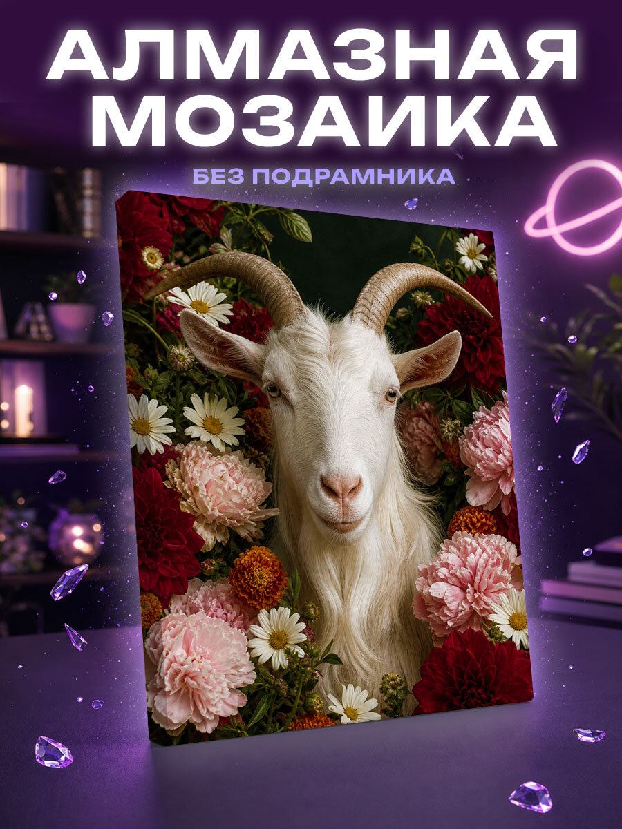 Алмазная мозаика Белая коза среди георгинов