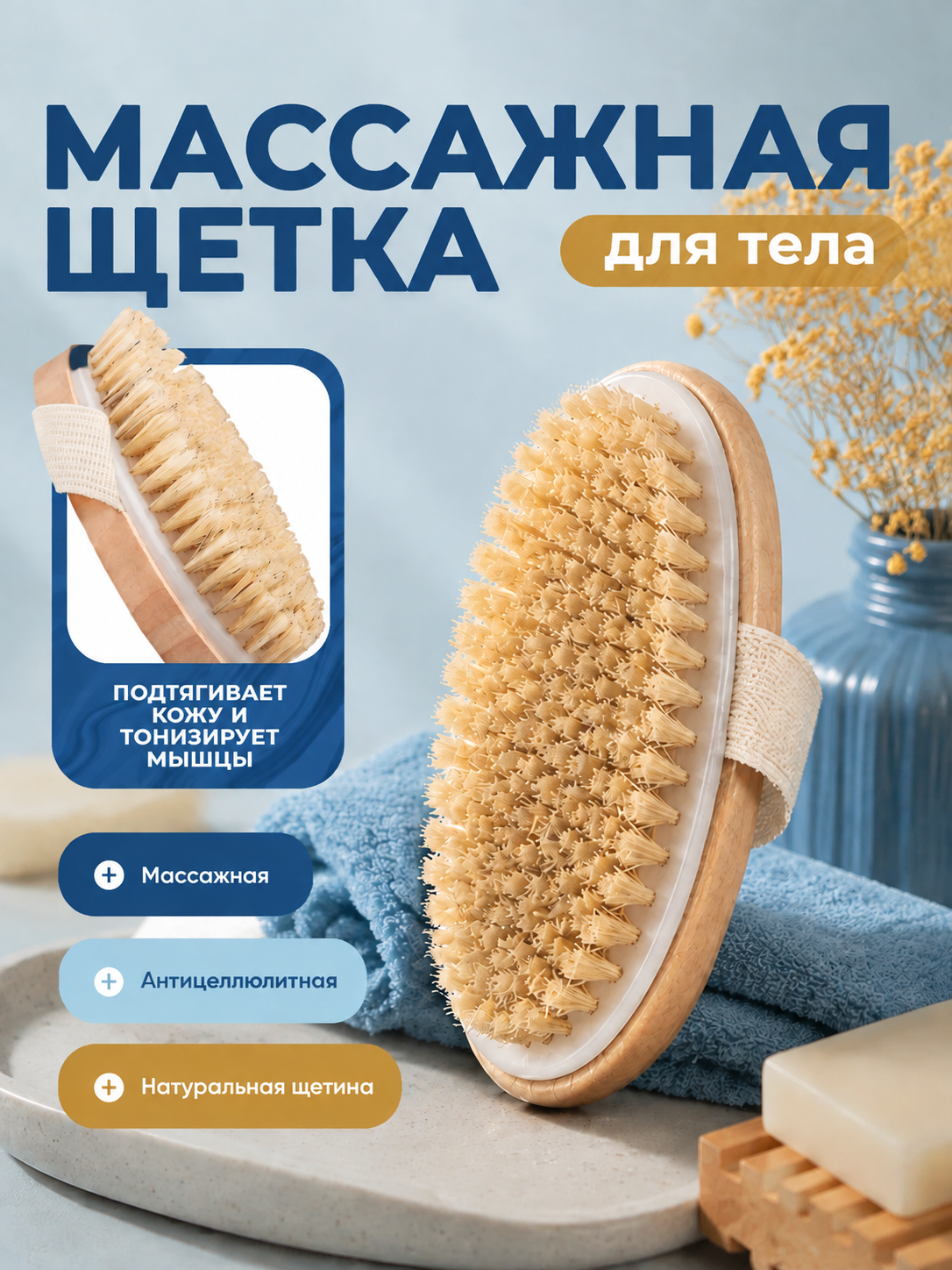 Щетка для тела Доляна "Сухой массаж", натуральная щетина, бежевая