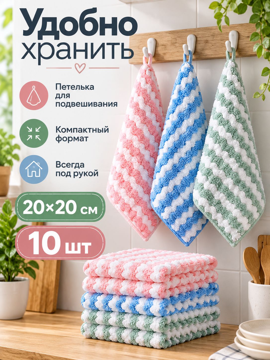Полотенце кухонное 20x20 10 шт махровая фактура микрофибра серый, розовый