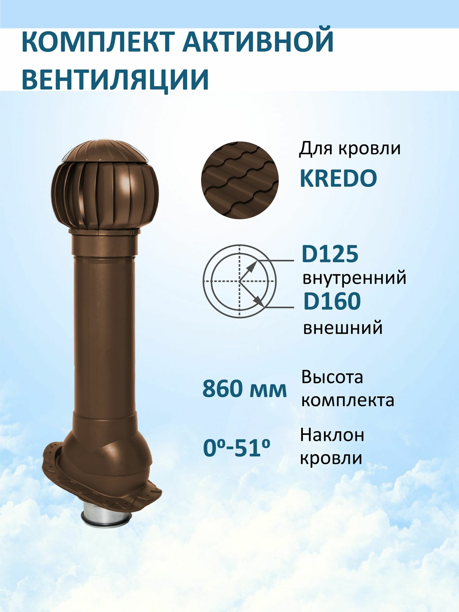 Комплект вентиляции с нанодефлектором ND160, утепленный, H-700, металлочерепица Kredo